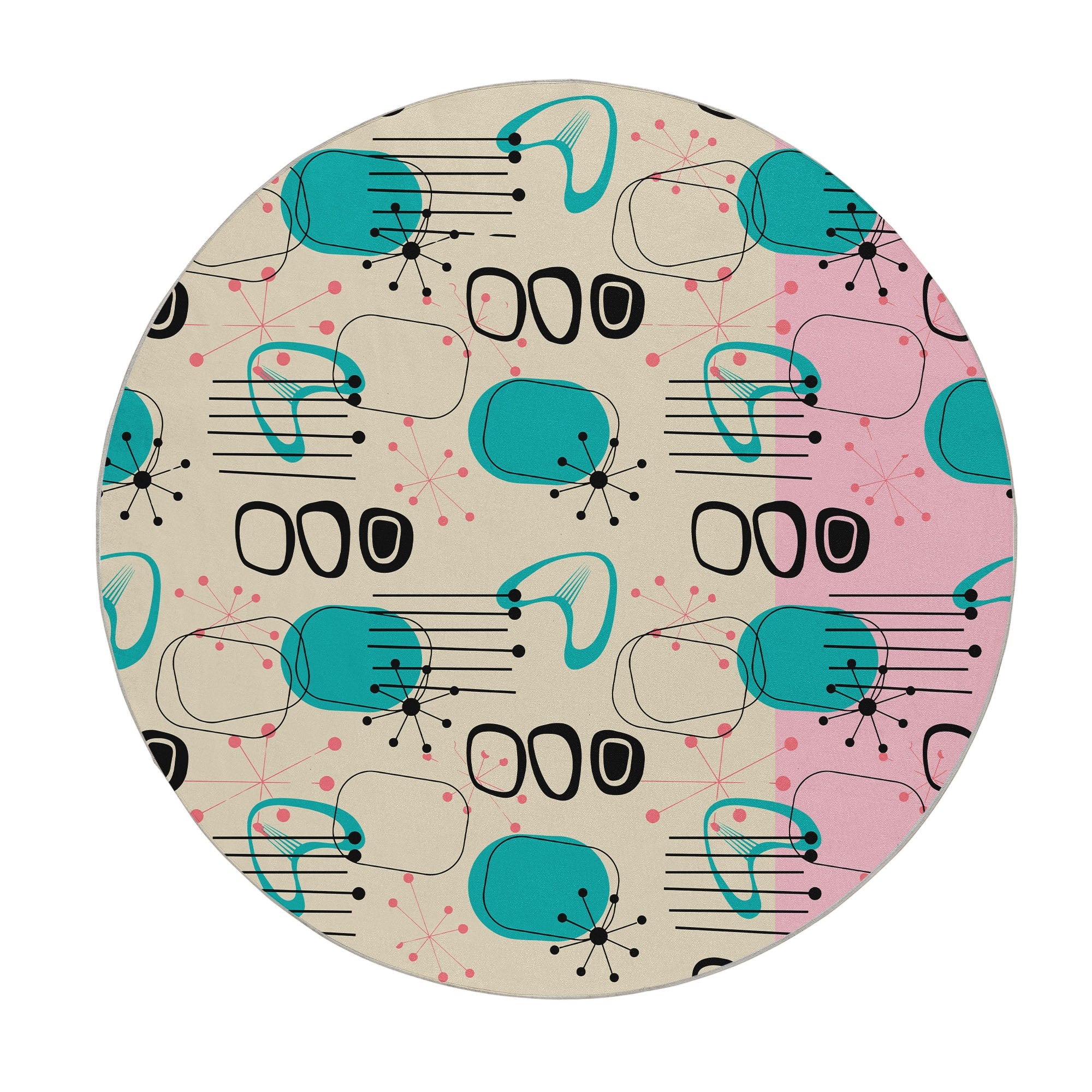 Atomic Age Boomerang Starburst Rug, 50s Sputnik MCM Aqua Pink Indoor C ...
