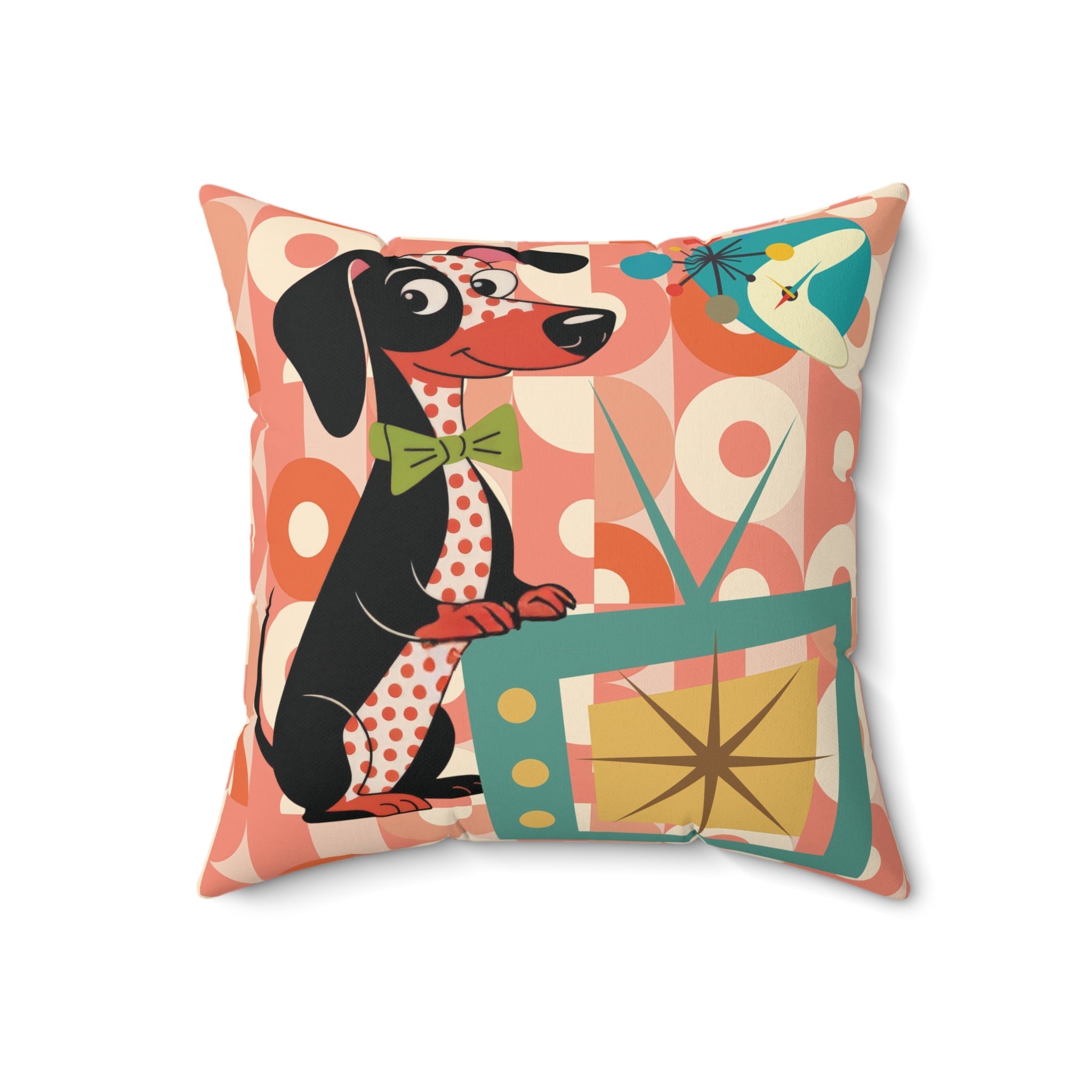 Dachshund Retro TV Throw Pillow, Mid Century Modern Atomic Dog Starbur ...