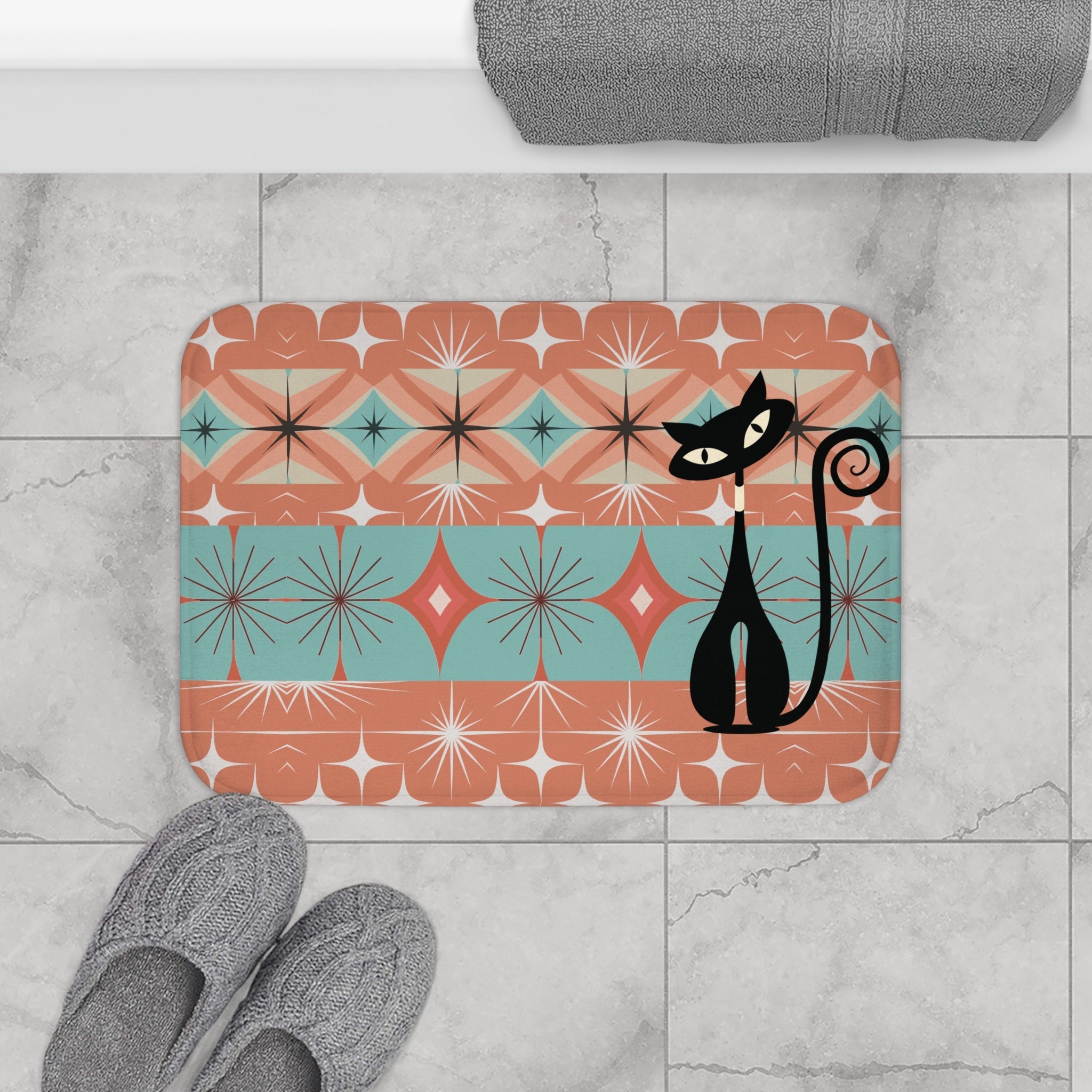 Mid Century Modern Atomic Cat Bath Mat, Retro Teal and Orange 1950s De ...