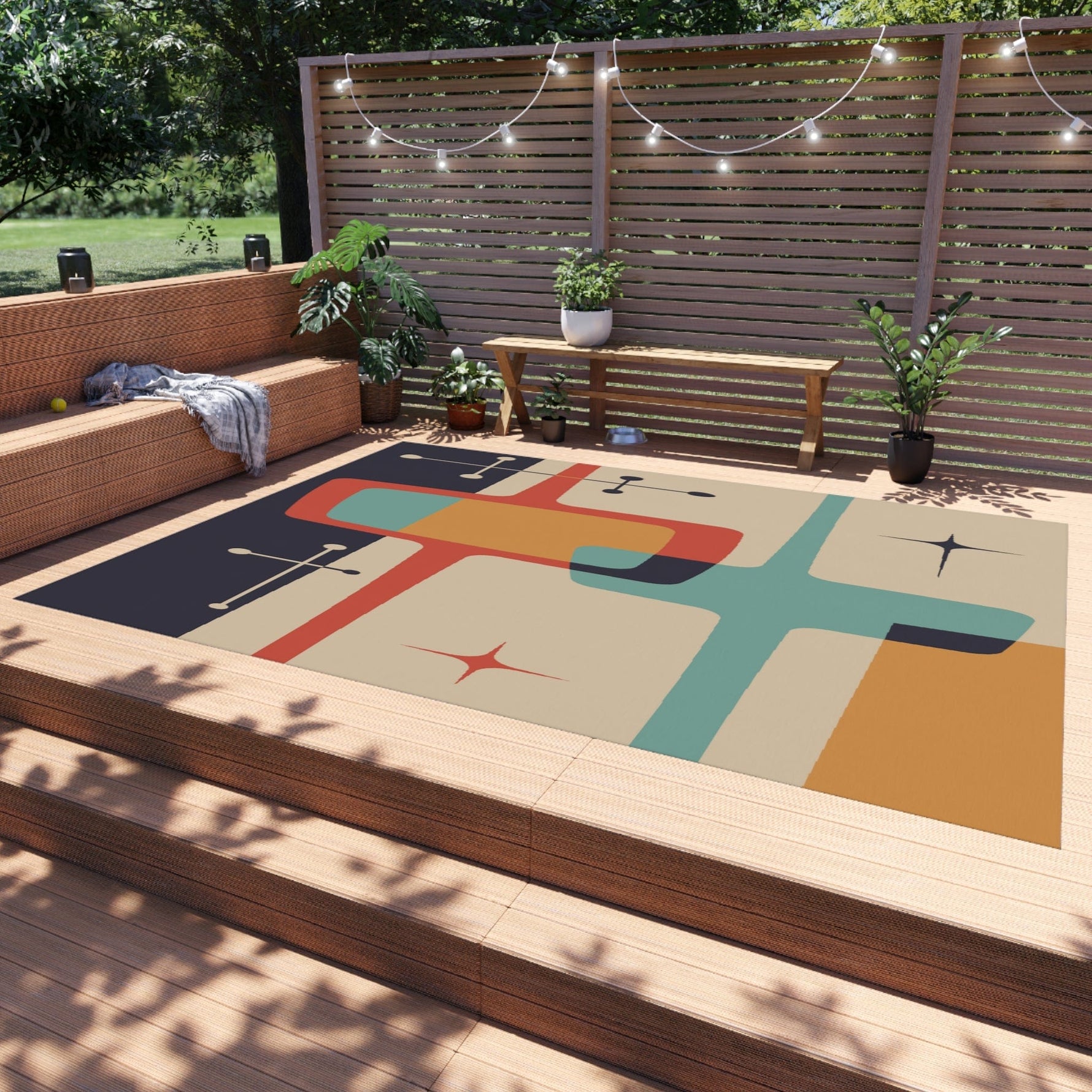 Mid Century Modern Atomic Starburst Indoor-Outdoor Rug, Beige, Teal, G ...