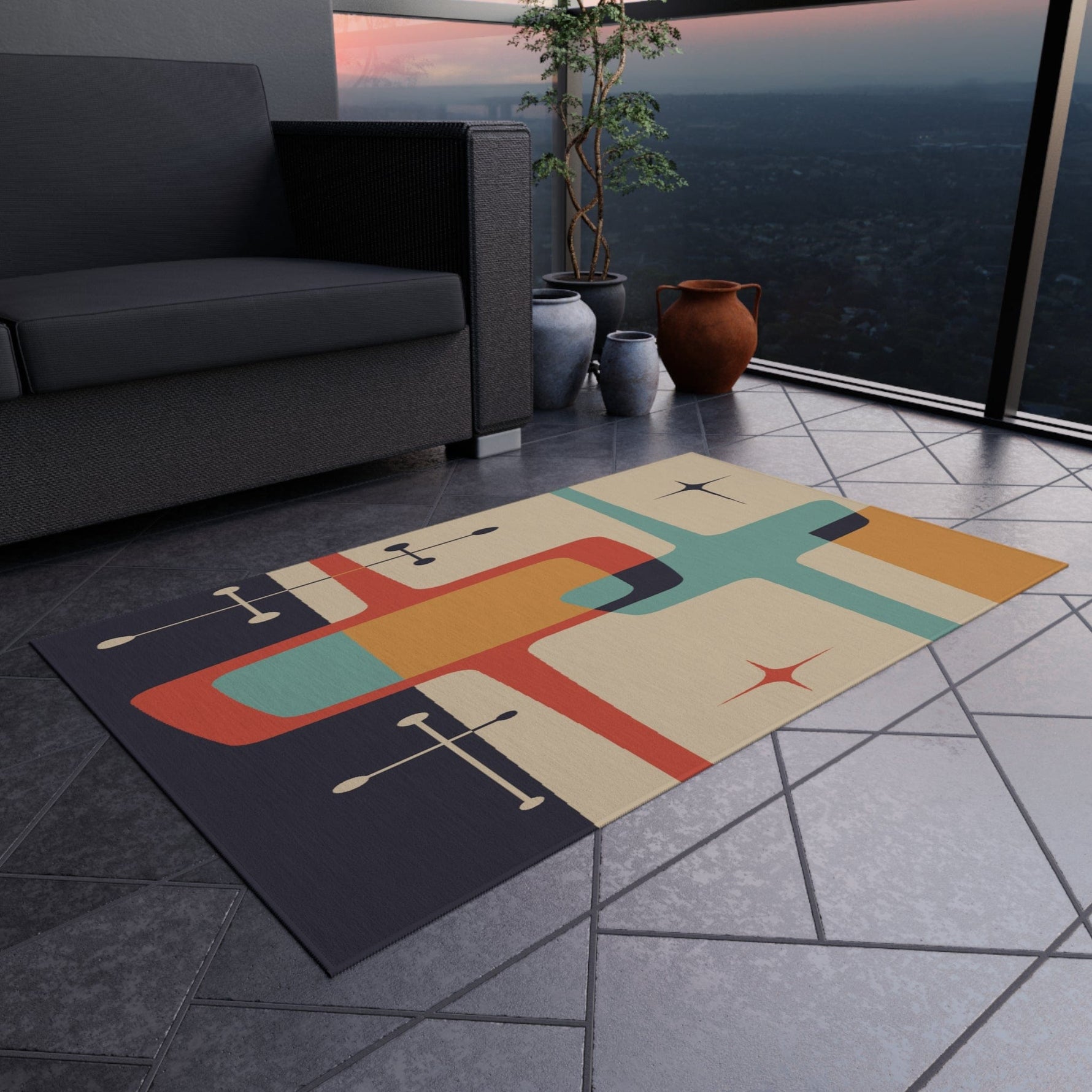 Mid Century Modern Atomic Starburst Indoor-Outdoor Rug, Beige, Teal, G ...