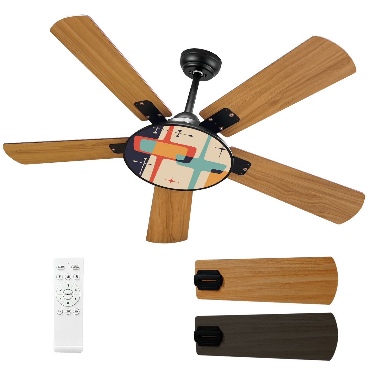 Mid Century Modern Geometric Ceiling Fan with Light, 50s Retro Starbur ...