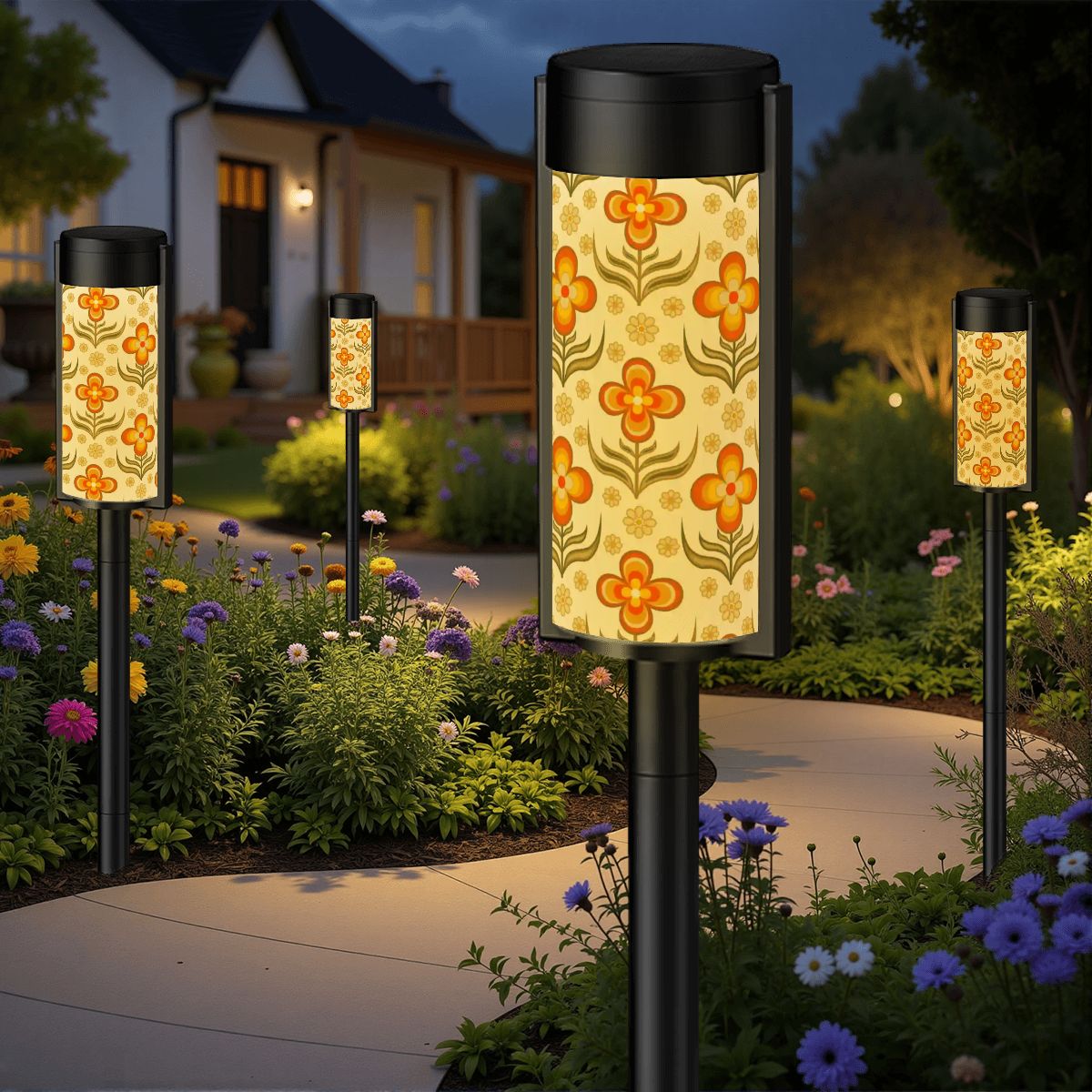 Mid Century Modern Groovy Floral Solar Pathway Lights Set of 4, Retro ...